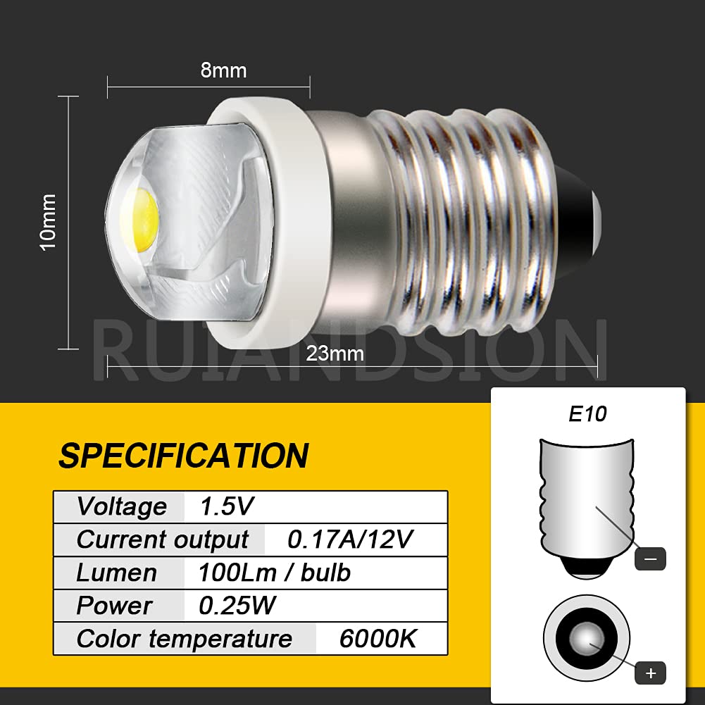 Ruiandsion 4pcs E10 LED Bulb DC 1.5V 0.5W 6000K White LED Bulb for Torch light Flashlight light,Negative Earth