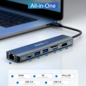 dockteck 7-in-1 USB C Hub with 4K 60Hz HDMI, 1Gbps Ethernet, 100W Power Delivery, SD/TF Card Slots, USB 3.0 Data Ports for MacBook, iPad Pro, XPS