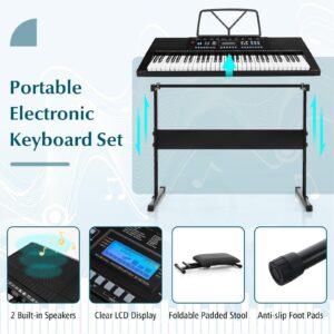 Costzon 61 Key Keyboard Piano, Electric Piano Keyboard for Beginners with Stand & Bench, 300 Timbres, 300 Rhythms, 50 Demos, 3 Teaching Modes, Headphones, Microphone, LCD Screen, Built-in Speakers