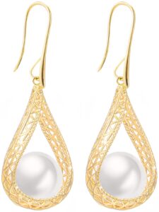 big white pearl dangle pierced earrings for women (white-14k gold)