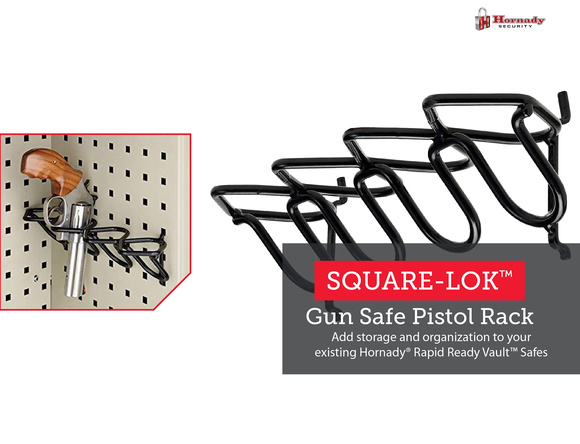 Hornady Square-Lok 4-Gun Rack. 95793 - PVC Coated Steel Racks Snap in Easily & Hold Firmly to Maximize Storage for Gun Accessories, Rifles, & Handguns - Quick Access Modular Pistol Rack for Gun Safes