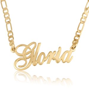 beleco 18k gold plated or sterling silver 925 custom name necklace - personalized name plate necklace for men & women with elegant figaro chain, 15 font style | customized & personalized necklaces