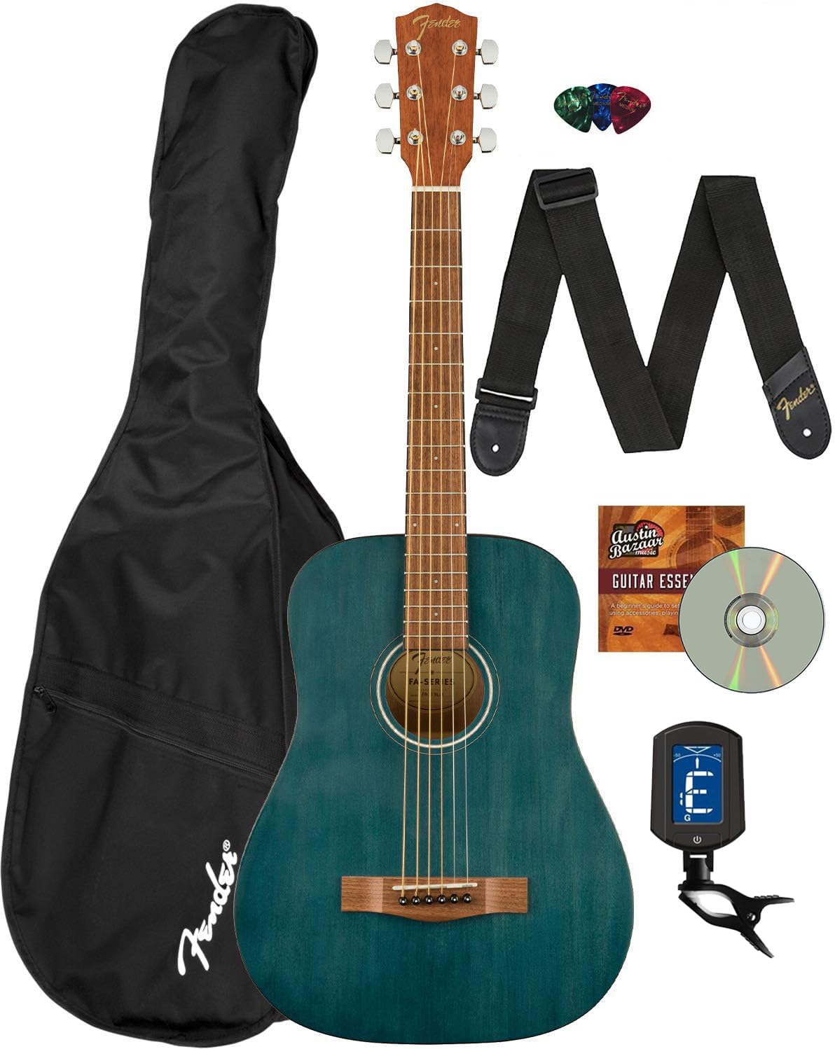 Fender FA-15 3/4-Scale Kids Steel String Acoustic Guitar - Blue Learn-to-Play Bundle with Gig Bag, Strap, Picks, Fender Play Online Lessons, and Austin Bazaar Instructional DVD