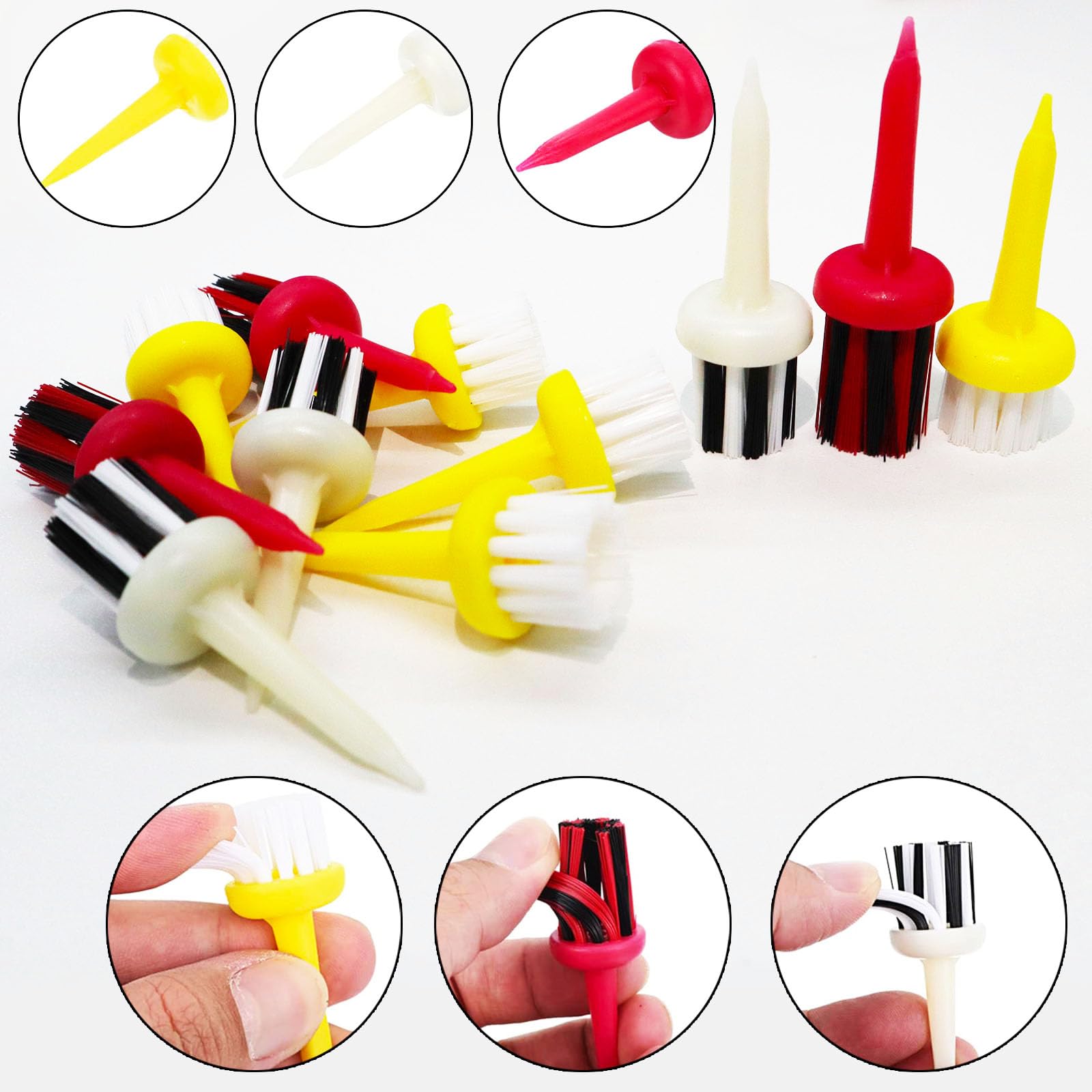 FINGER TEN Brush Golf Tees Type Plastic Unbreakable 2 inch 6 Pack Low Resistance More Distance Consistent Height Driver Training Tee Yellow for Men Women (6 Pack-2 inch)