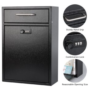 KYODOLED Steel Combination Lock Mail Boxes Outdoor,Locking Wall Mount Mailbox,Security Lock Drop Box,Collection Boxes,16.2H x 11.22L x 4.72W Inches,Black X Large