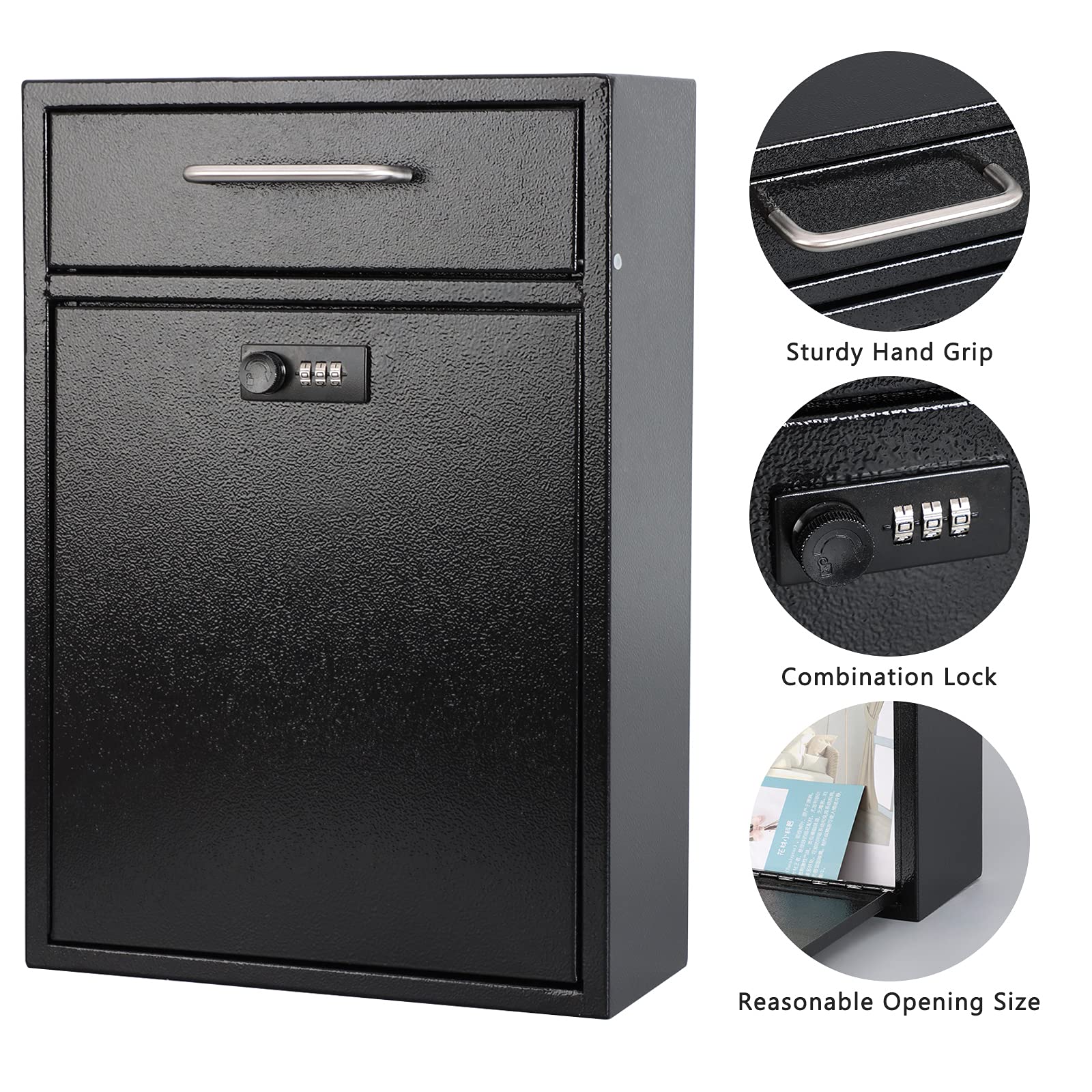 KYODOLED Steel Combination Lock Mail Boxes Outdoor,Locking Wall Mount Mailbox,Security Lock Drop Box,Collection Boxes,16.2H x 11.22L x 4.72W Inches,Black X Large