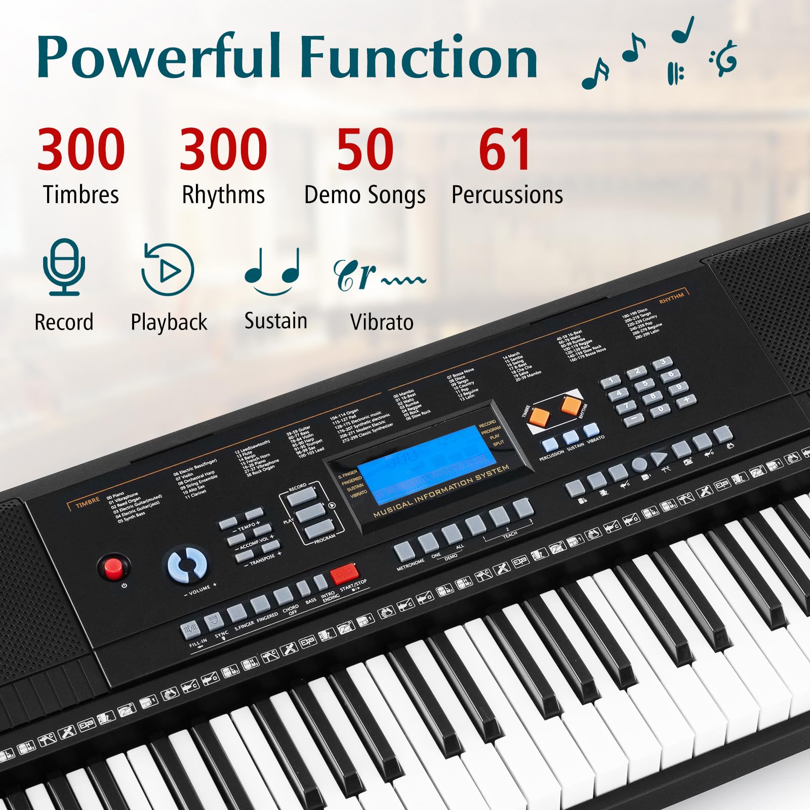 Costzon 61 Key Keyboard Piano, Electric Piano Keyboard for Beginners with Stand & Bench, 300 Timbres, 300 Rhythms, 50 Demos, 3 Teaching Modes, Headphones, Microphone, LCD Screen, Built-in Speakers