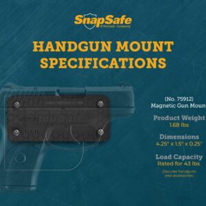 SnapSafe Magnetic Gun Mount 75912-Non-Scratch Rubber Coated Gun Magnet Mount for Pistols, Handguns, Revolvers, & Firearm Accessories - Magnetic Gun Holder Rated for 43 Pounds, Includes Mounting Screws