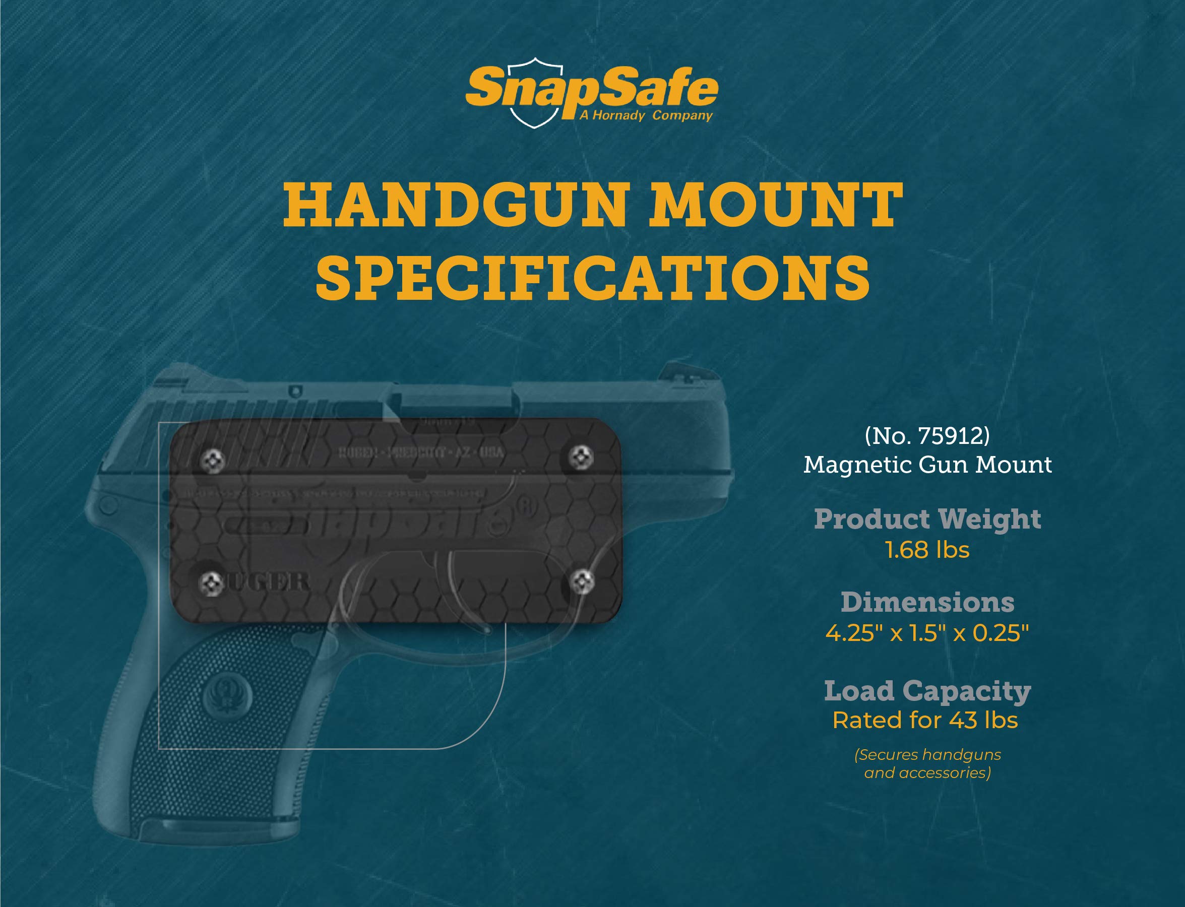 SnapSafe Magnetic Gun Mount 75912-Non-Scratch Rubber Coated Gun Magnet Mount for Pistols, Handguns, Revolvers, & Firearm Accessories - Magnetic Gun Holder Rated for 43 Pounds, Includes Mounting Screws