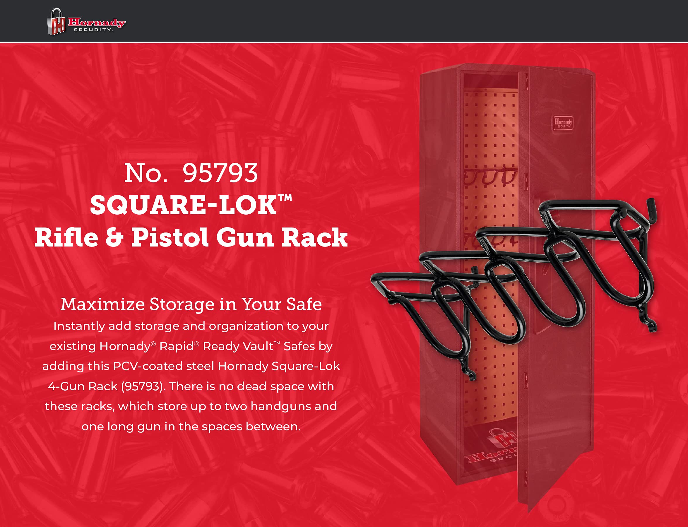 Hornady Square-Lok 4-Gun Rack. 95793 - PVC Coated Steel Racks Snap in Easily & Hold Firmly to Maximize Storage for Gun Accessories, Rifles, & Handguns - Quick Access Modular Pistol Rack for Gun Safes