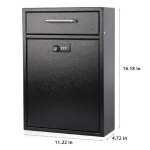 KYODOLED Steel Combination Lock Mail Boxes Outdoor,Locking Wall Mount Mailbox,Security Lock Drop Box,Collection Boxes,16.2H x 11.22L x 4.72W Inches,Black X Large