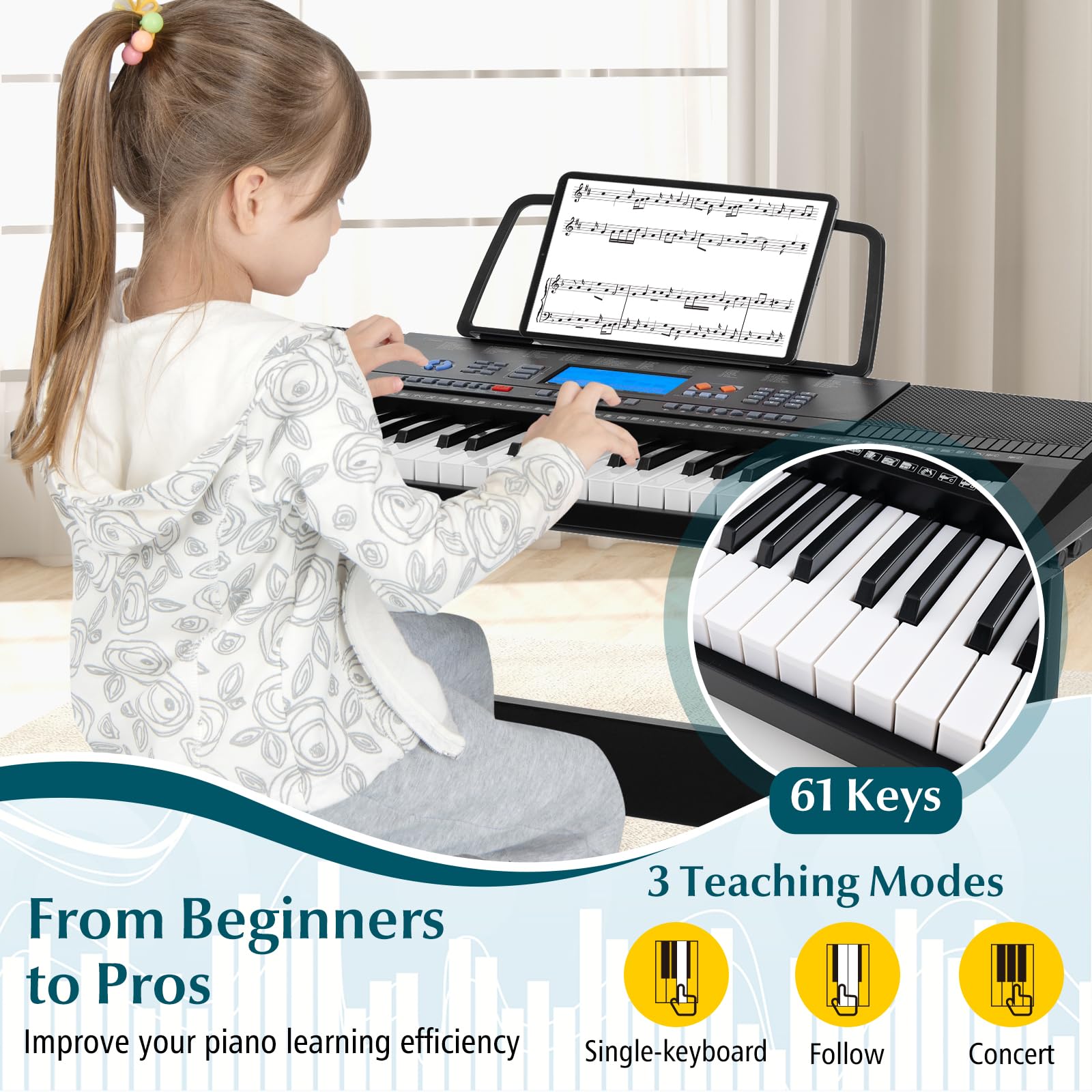 Costzon 61 Key Keyboard Piano, Electric Piano Keyboard for Beginners with Stand & Bench, 300 Timbres, 300 Rhythms, 50 Demos, 3 Teaching Modes, Headphones, Microphone, LCD Screen, Built-in Speakers