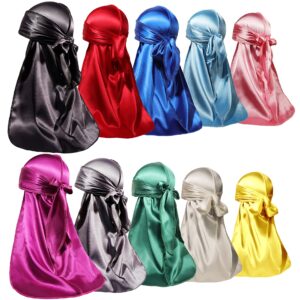 forcewave 10 pieces silky durags long tail for women men satin durag 360 wave，dorag, 10 colors