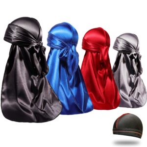 4pcs silky durags for men women 360 waves with 1 wave cap, silky satin durag extra long tails