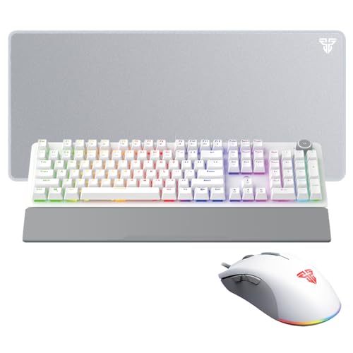 FANTECH RGB Gaming Keyboard and Mouse and Mouse Pad Combo, Wired 104 Keys Mechanical Keyboard Blue Switch with Wrist Rest & 10K DPI Gaming Mouse & Gaming Mousepad 3 in-1 for PC, White