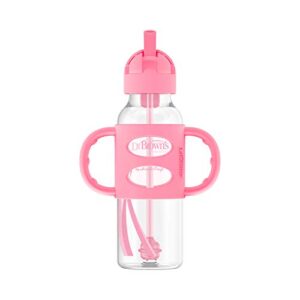 dr. brown's milestones narrow sippy straw bottle, spill-proof with 100% silicone handles and weighted straw, 8 oz/250 ml, pink, 6m+