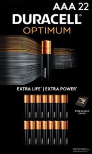 duracell optimum aaa batteries, 22 count pack triple a battery with long-lasting power, resealable package for storage, all-purpose alkaline aaa battery for household and office devices