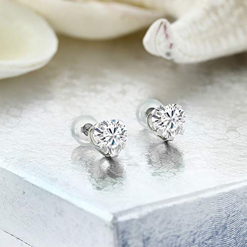 Gem Stone King 10K White Gold White Moissanite Stud Earrings For Women (1.60 Cttw, Heart Shape 6MM)