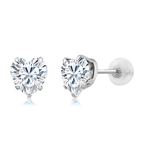 Gem Stone King 10K White Gold White Moissanite Stud Earrings For Women (1.60 Cttw, Heart Shape 6MM)