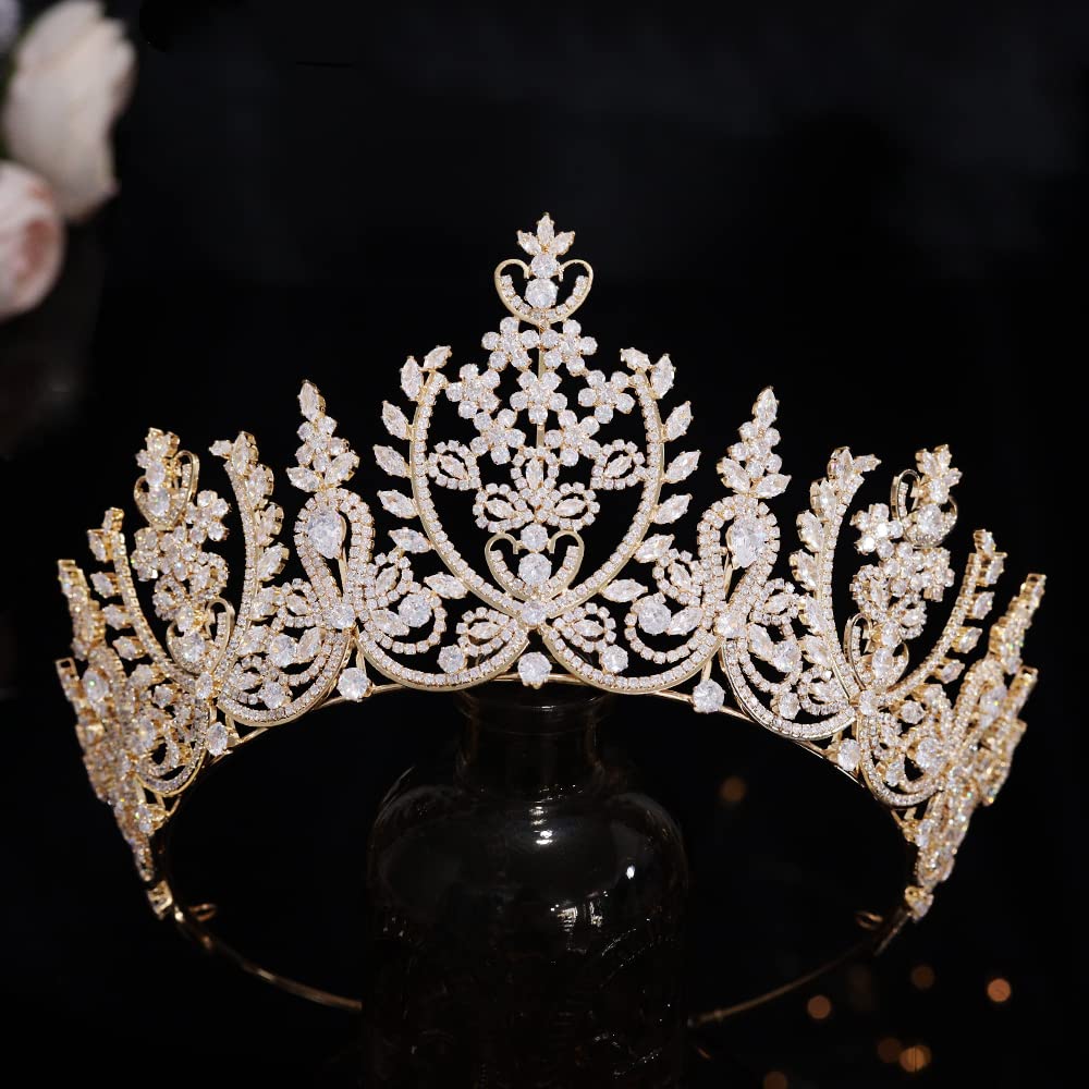 Aoligrace Gold Wedding Crowns for Bride Large Cubic Zirconia Sweet 16 Tiaras for Women Gift for Birthday Prom Pageant Party