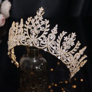 Aoligrace Gold Wedding Crowns for Bride Large Cubic Zirconia Sweet 16 Tiaras for Women Gift for Birthday Prom Pageant Party