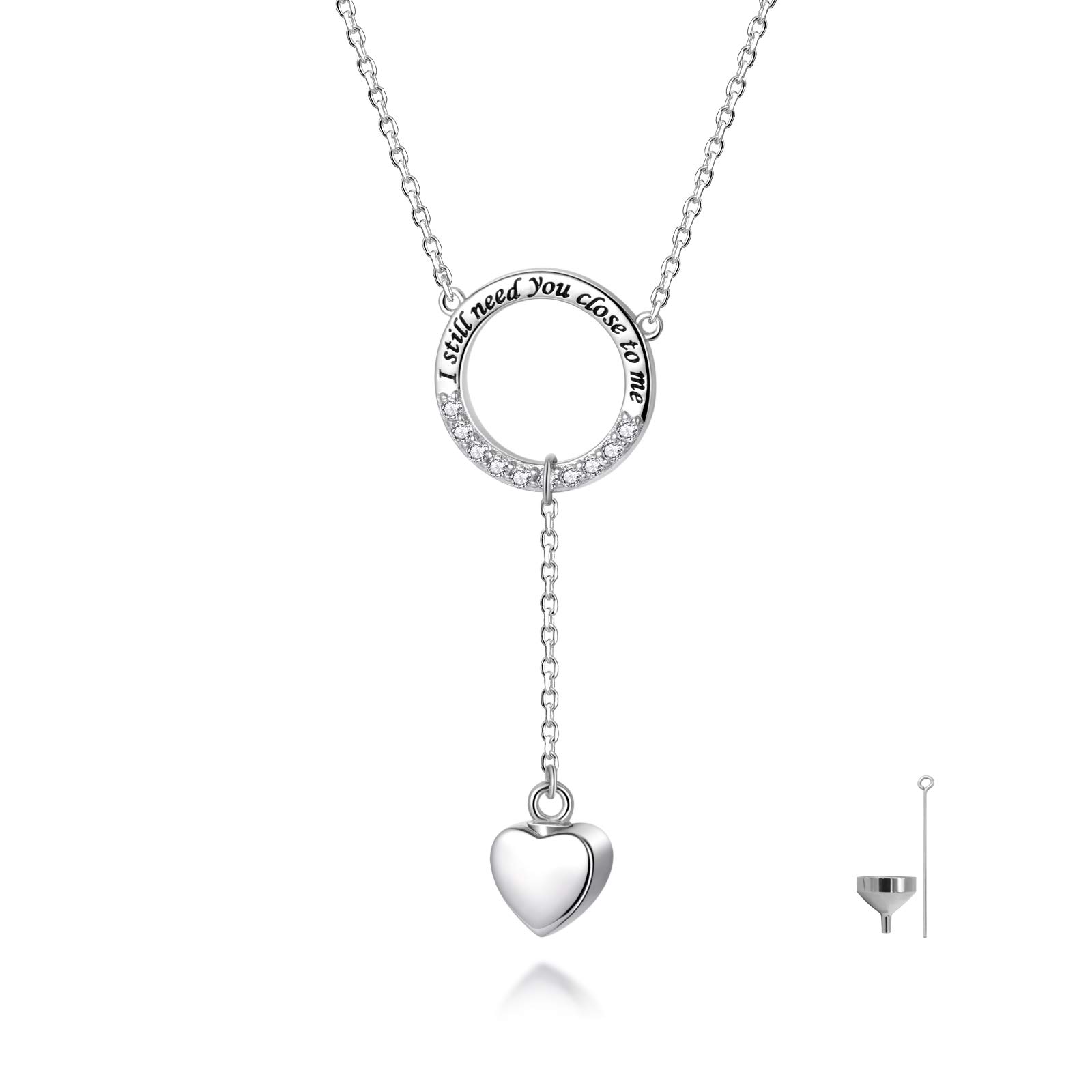 S925 Sterling Silver Heart Cremation Urn Necklace for Ashes Jewelry Memorial Circle Pendant Necklace with CZ I Still Need You Close to Me for MomDadGrandmaGrandpa (Purely Love), 1.06 * 0.79