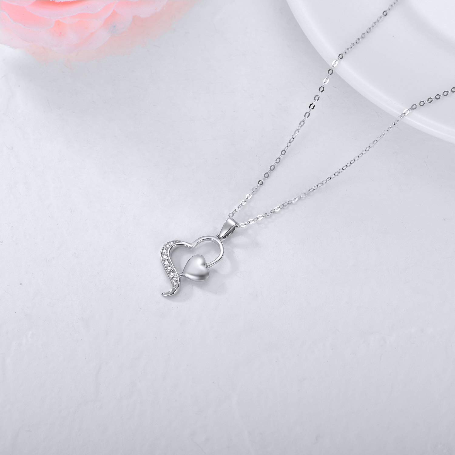 14k White Gold Diamond Heart Pendant Necklace for Women, Fine Anniversary Jewelry for Wife/Girlfriend, Love Gifts for Her (0.1ct), 16+1+1 Inch