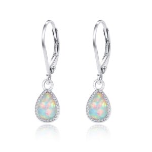 teardrop leverback drop dangly safety earrings, 925 sterling silver opal jewelry valentine gift for women girlfriend daughter with gift box