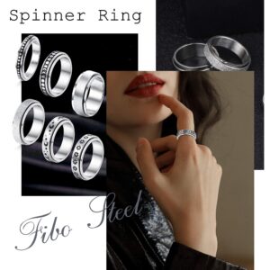 FIBO STEEL 6Pcs Stainless Steel Spinner Ring for Women Fidget Band Rings Moon Star Sand Blast Finish Ring Set for Stress Relieving Wedding Promise Size 5-13 (8)