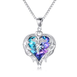 aoboco 925 sterling silver nurse necklace with caduceus angel wing heart charm, nurse jewelry gift for doctor nurse medical student, made with austrian(blue-purple)