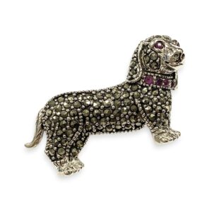 Art Deco Style Dachshund Dog Pin Brooch with Marcasite and Ruby Stone 925 Sterling Silver