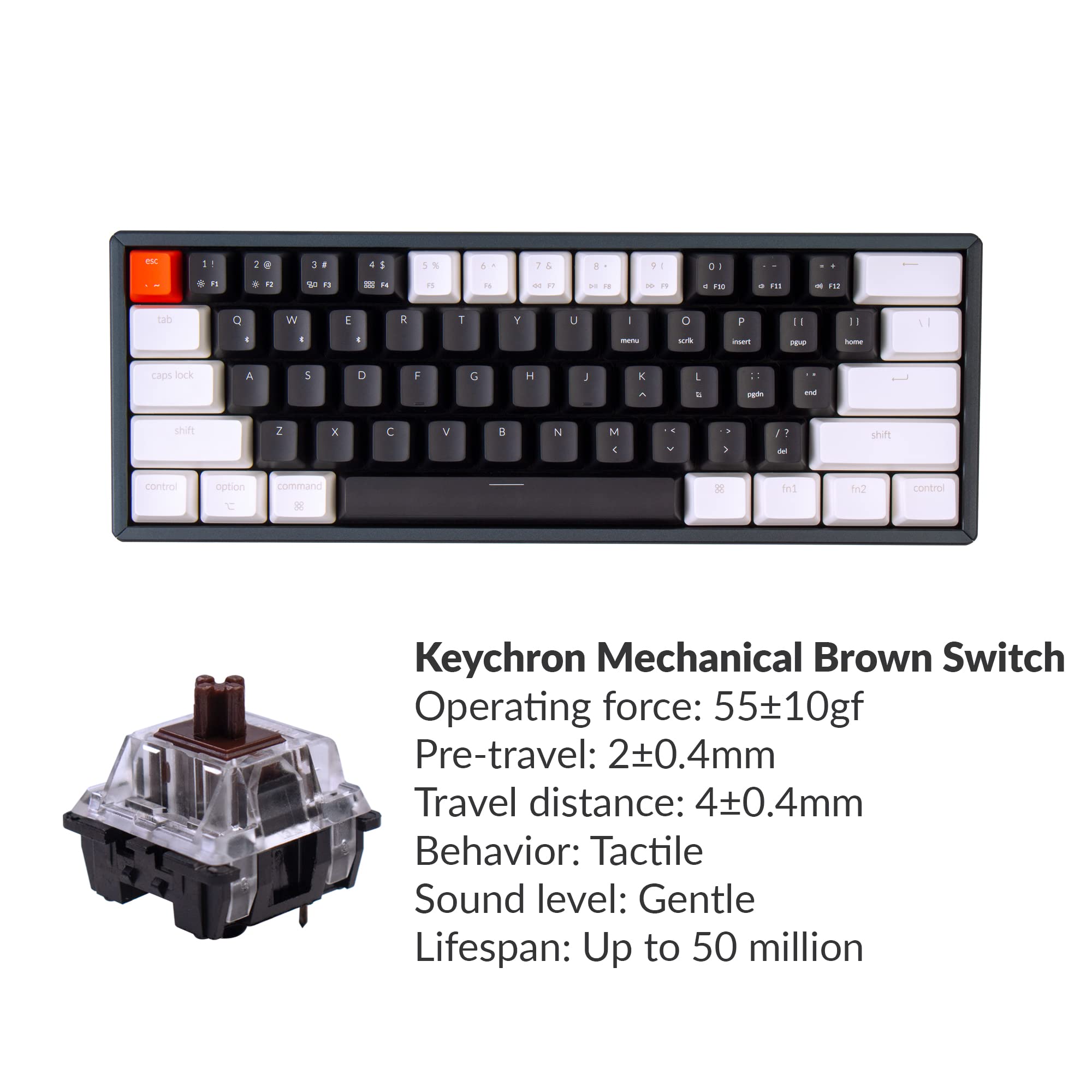 Keychron K12 60% Layout Hot-swappable Bluetooth Wireless/USB Wired Mechanical Gaming Keyboard with Keychron Mechanical Brown Switch Aluminum Frame, Compact 61-Key Computer Keyboard for Mac Windows