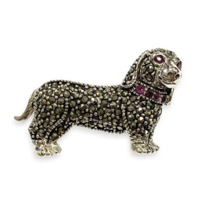 art deco style dachshund dog pin brooch with marcasite and ruby stone 925 sterling silver