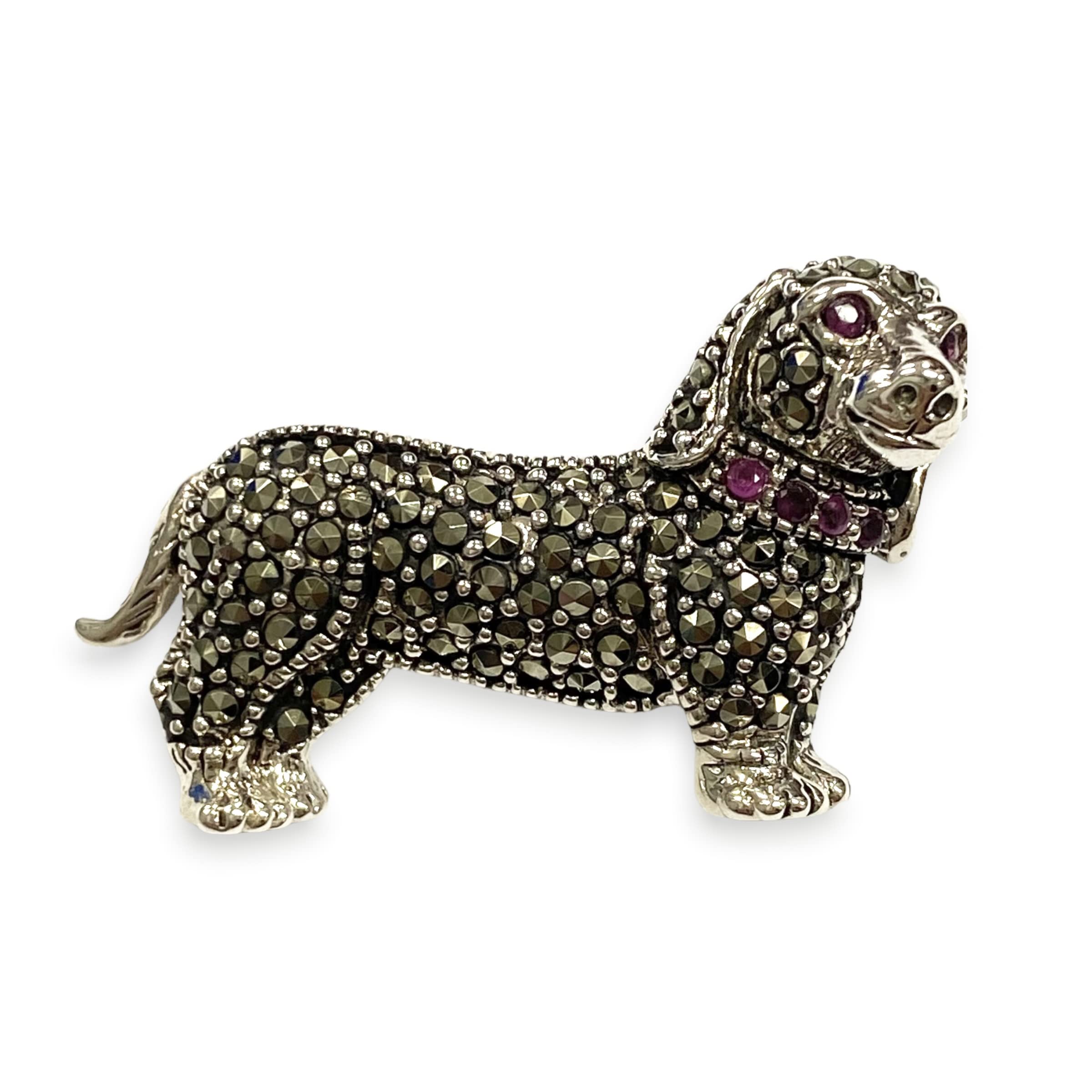 Art Deco Style Dachshund Dog Pin Brooch with Marcasite and Ruby Stone 925 Sterling Silver