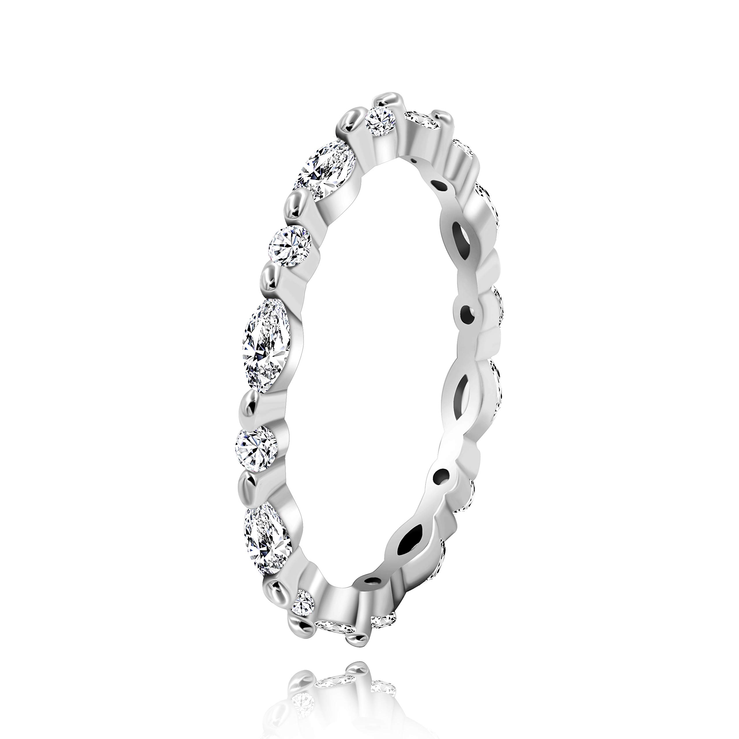 Uloveido Marquise & Round CZ Diamond Ladies Vintage Style Stackable Wedding Band Ring,925 Silver Milgrain Ring White Gold Filled (size 6)