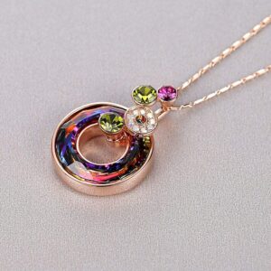 GEMMANCE Mother's Day Gifts Round Bubble Necklace Made with Austrian Crystals, Volcano Rainbow Stone, Rose Gold Plated, 18”+2”Chain