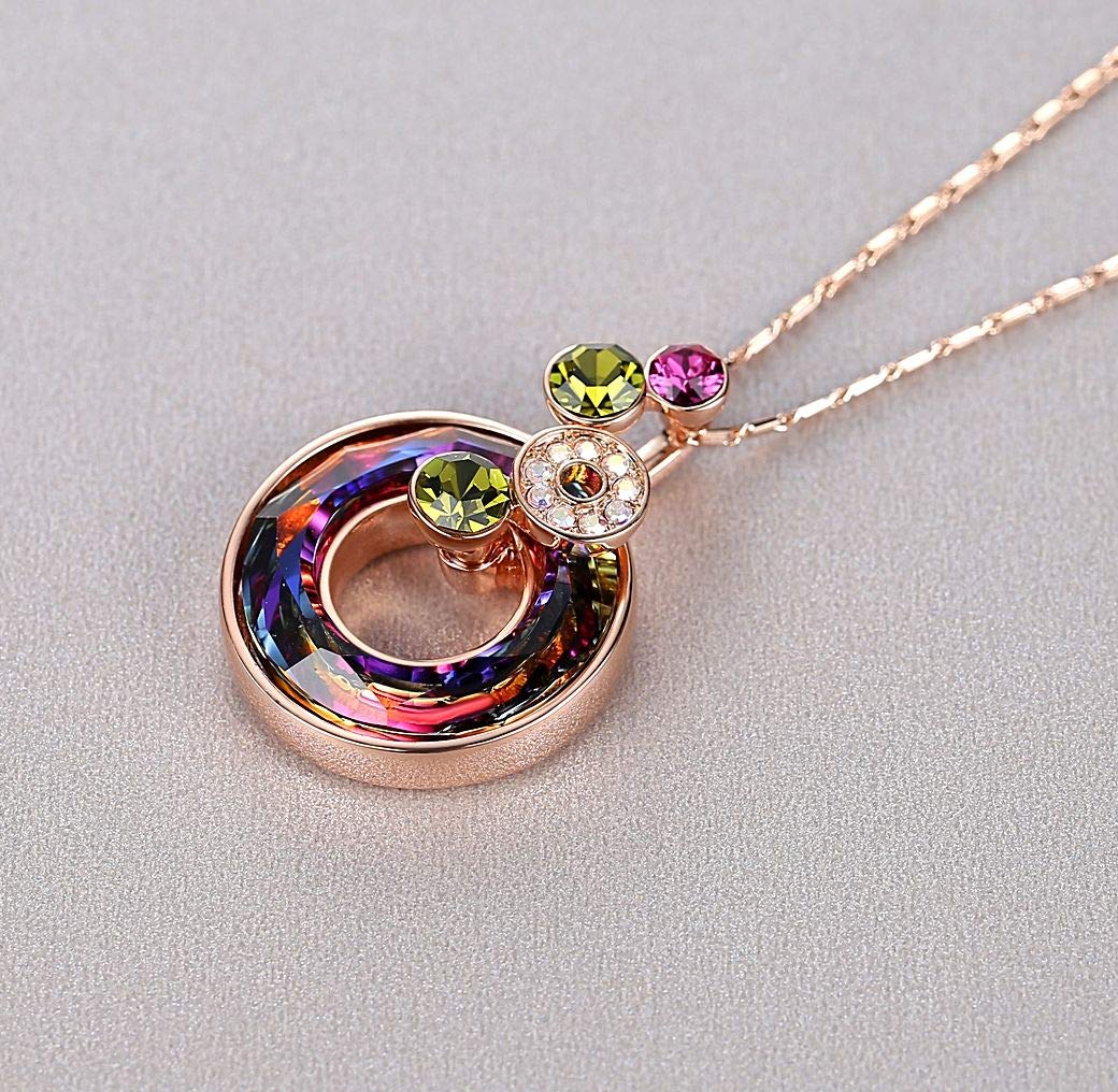 GEMMANCE Mother's Day Gifts Round Bubble Necklace Made with Austrian Crystals, Volcano Rainbow Stone, Rose Gold Plated, 18”+2”Chain