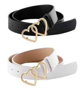 ayliss women leather waist belt fashion casual jeans belt with double heart shape buckle dress pants (black and white)