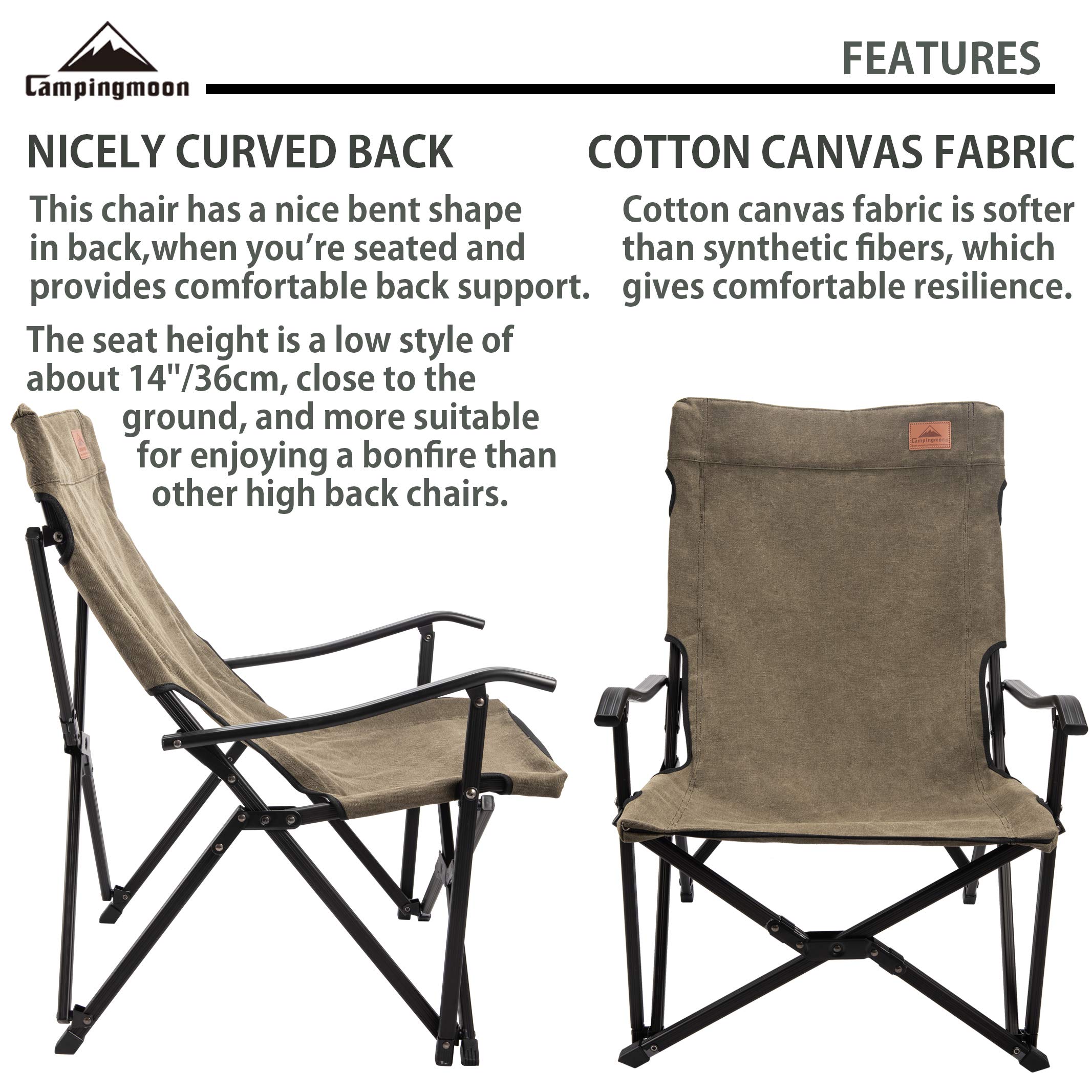 CAMPINGMOON Foldable Cotton Canvas Campfire Bonfire Open Fire Pits Camping Chair Low Style Chair Khaki F-1003C-K