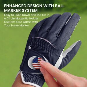 FINGER TEN Golf Gloves Men Left Handed Golfer 2 Pack Right Hand with Ball Marker Leather Premium Weathersof Grip Soft Mens Golf Glove (Blue,Medium,Worn on Right Hand)