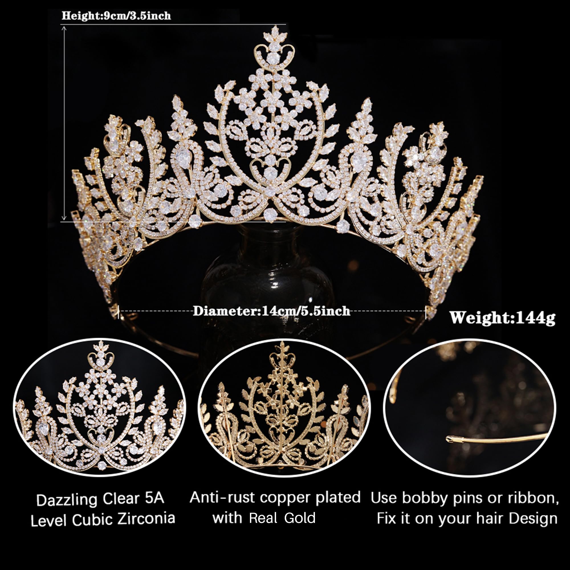 Aoligrace Gold Wedding Crowns for Bride Large Cubic Zirconia Sweet 16 Tiaras for Women Gift for Birthday Prom Pageant Party