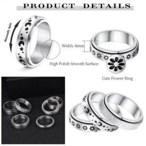 FIBO STEEL 6Pcs Stainless Steel Spinner Ring for Women Fidget Band Rings Moon Star Sand Blast Finish Ring Set for Stress Relieving Wedding Promise Size 5-13 (8)