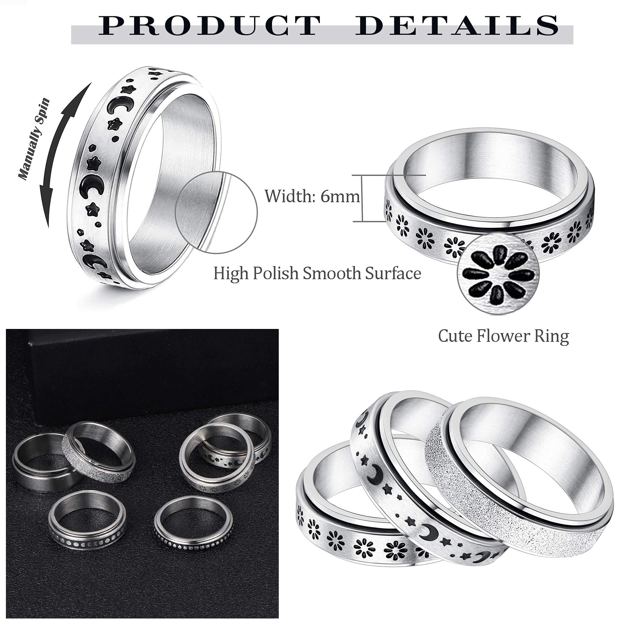 FIBO STEEL 6Pcs Stainless Steel Spinner Ring for Women Fidget Band Rings Moon Star Sand Blast Finish Ring Set for Stress Relieving Wedding Promise Size 5-13 (8)