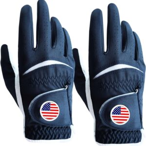 FINGER TEN Golf Gloves Men Left Handed Golfer 2 Pack Right Hand with Ball Marker Leather Premium Weathersof Grip Soft Mens Golf Glove (Blue,Medium,Worn on Right Hand)