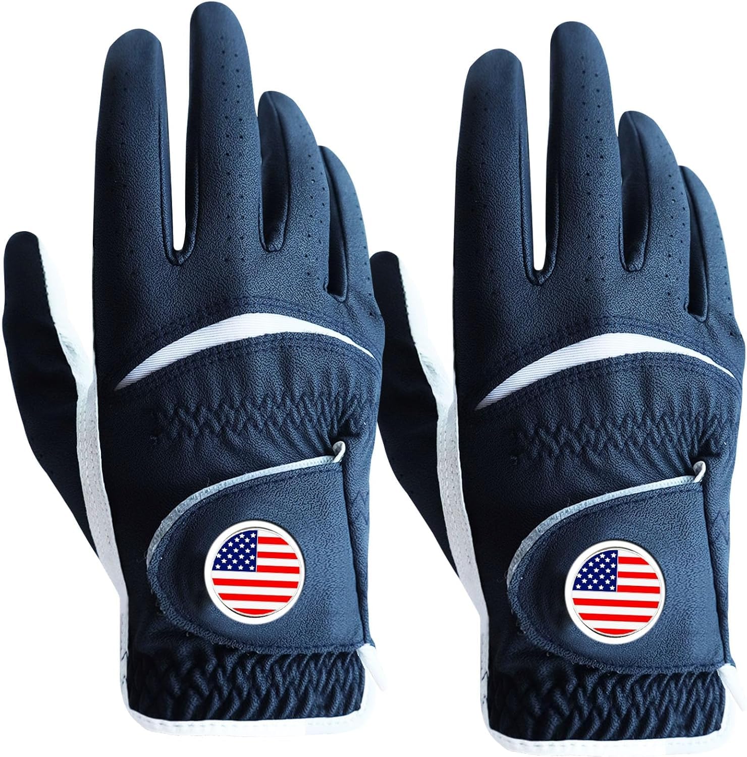 FINGER TEN Golf Gloves Men Left Handed Golfer 2 Pack Right Hand with Ball Marker Leather Premium Weathersof Grip Soft Mens Golf Glove (Blue,Medium,Worn on Right Hand)