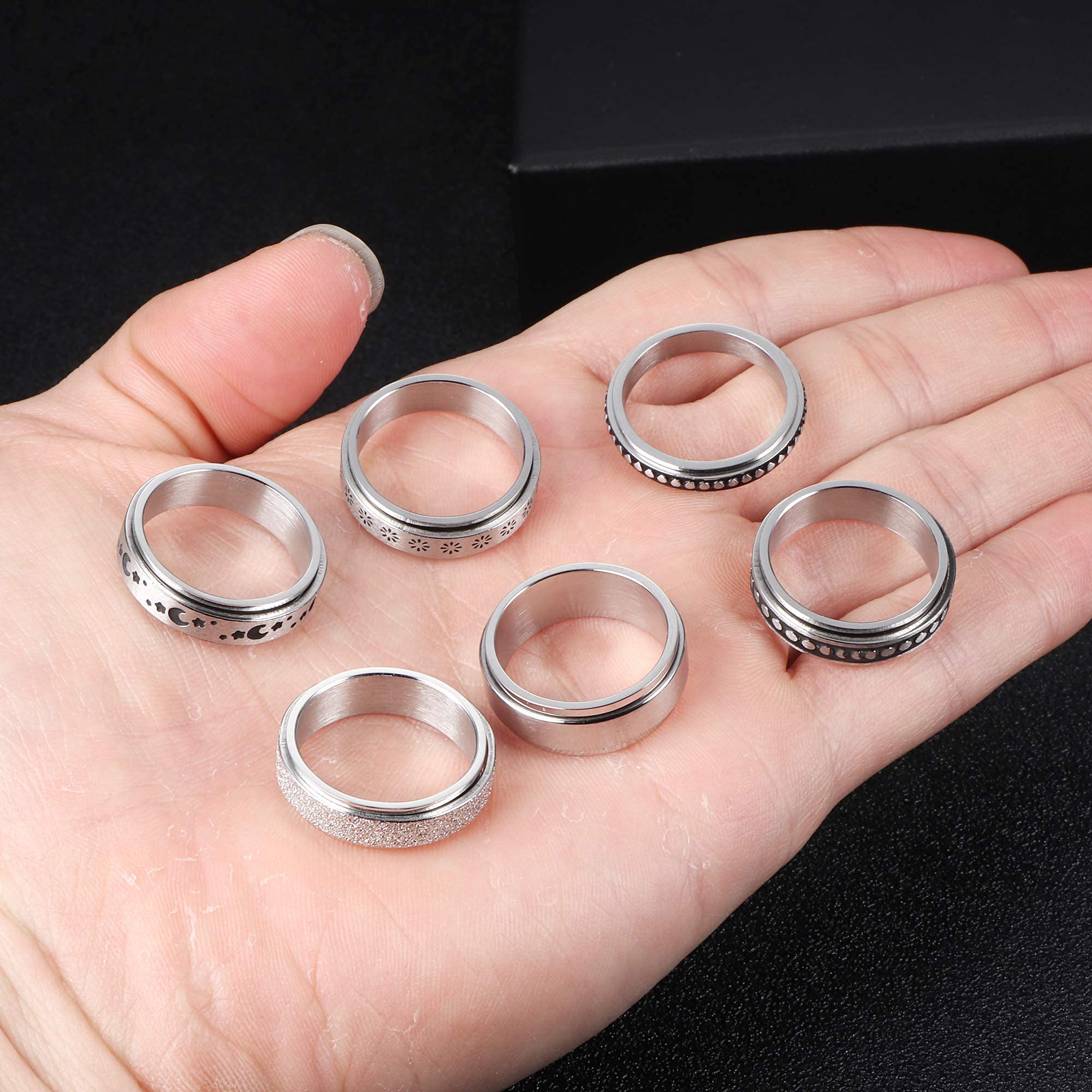 FIBO STEEL 6Pcs Stainless Steel Spinner Ring for Women Fidget Band Rings Moon Star Sand Blast Finish Ring Set for Stress Relieving Wedding Promise Size 5-13 (8)