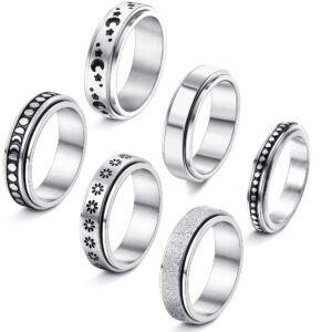 fibo steel 6pcs stainless steel spinner ring for women fidget band rings moon star sand blast finish ring set for stress relieving wedding promise size 5-13 (8)