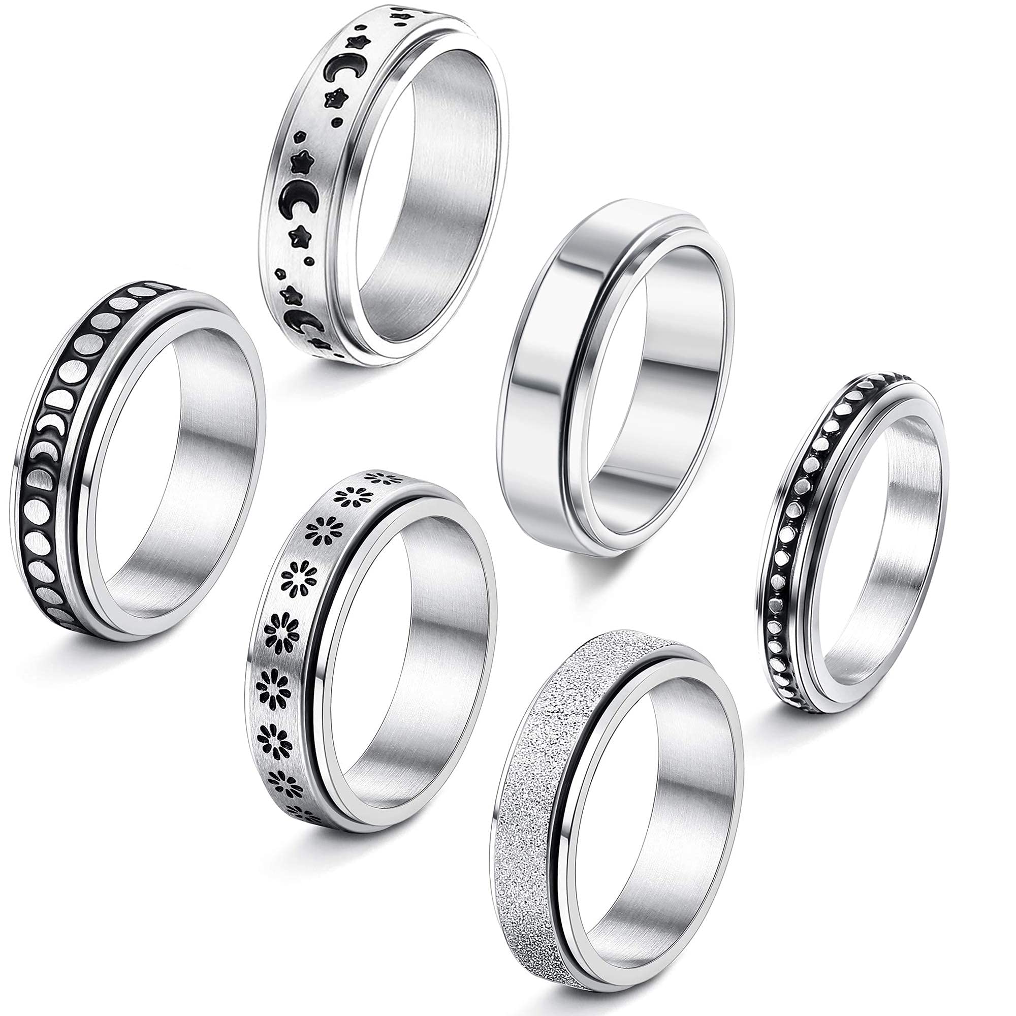 FIBO STEEL 6Pcs Stainless Steel Spinner Ring for Women Fidget Band Rings Moon Star Sand Blast Finish Ring Set for Stress Relieving Wedding Promise Size 5-13 (8)