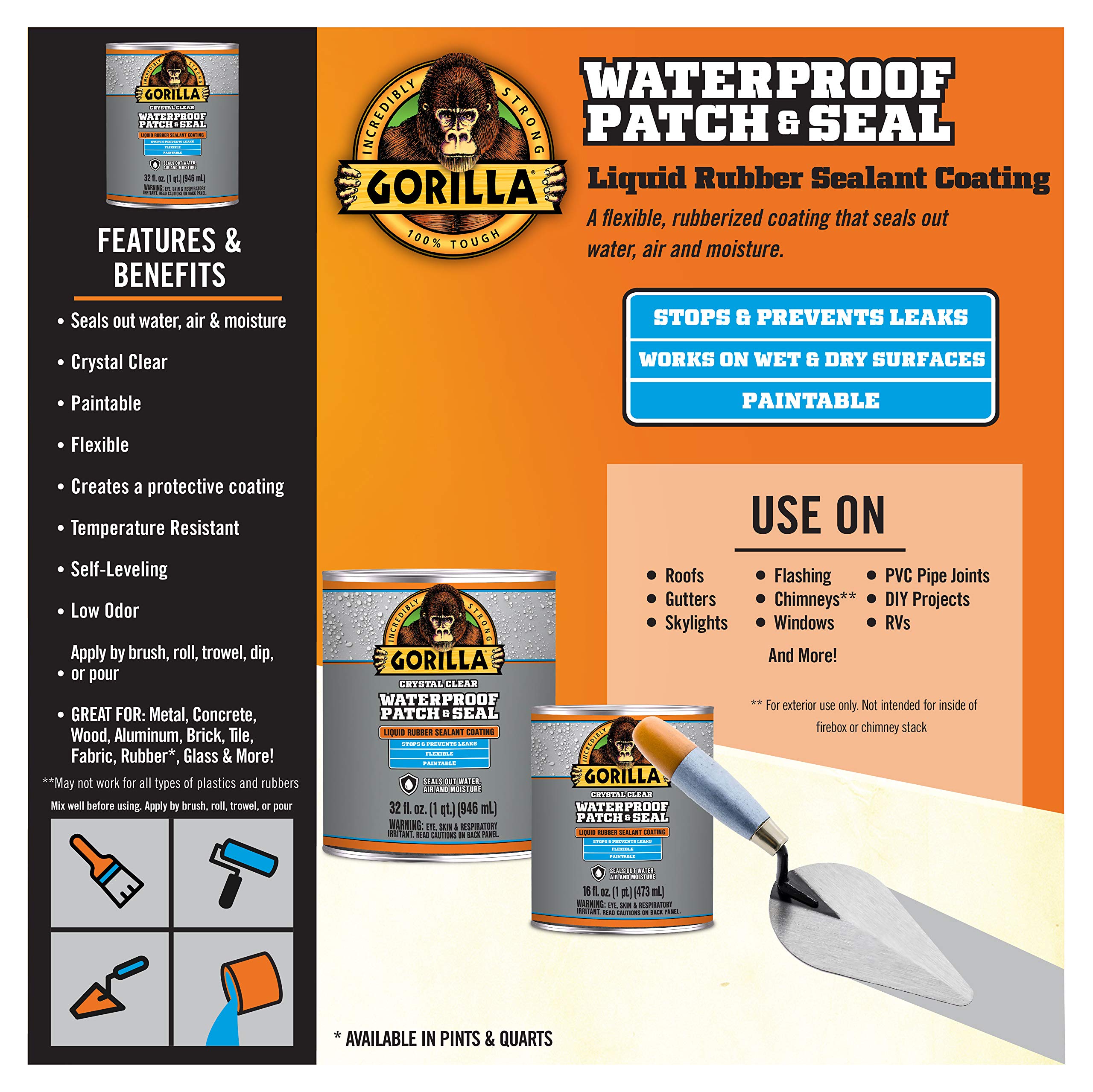 Gorilla Waterproof Patch & Seal Liquid Rubber Sealant, Crystal Clear, 16oz (Pack of 1)