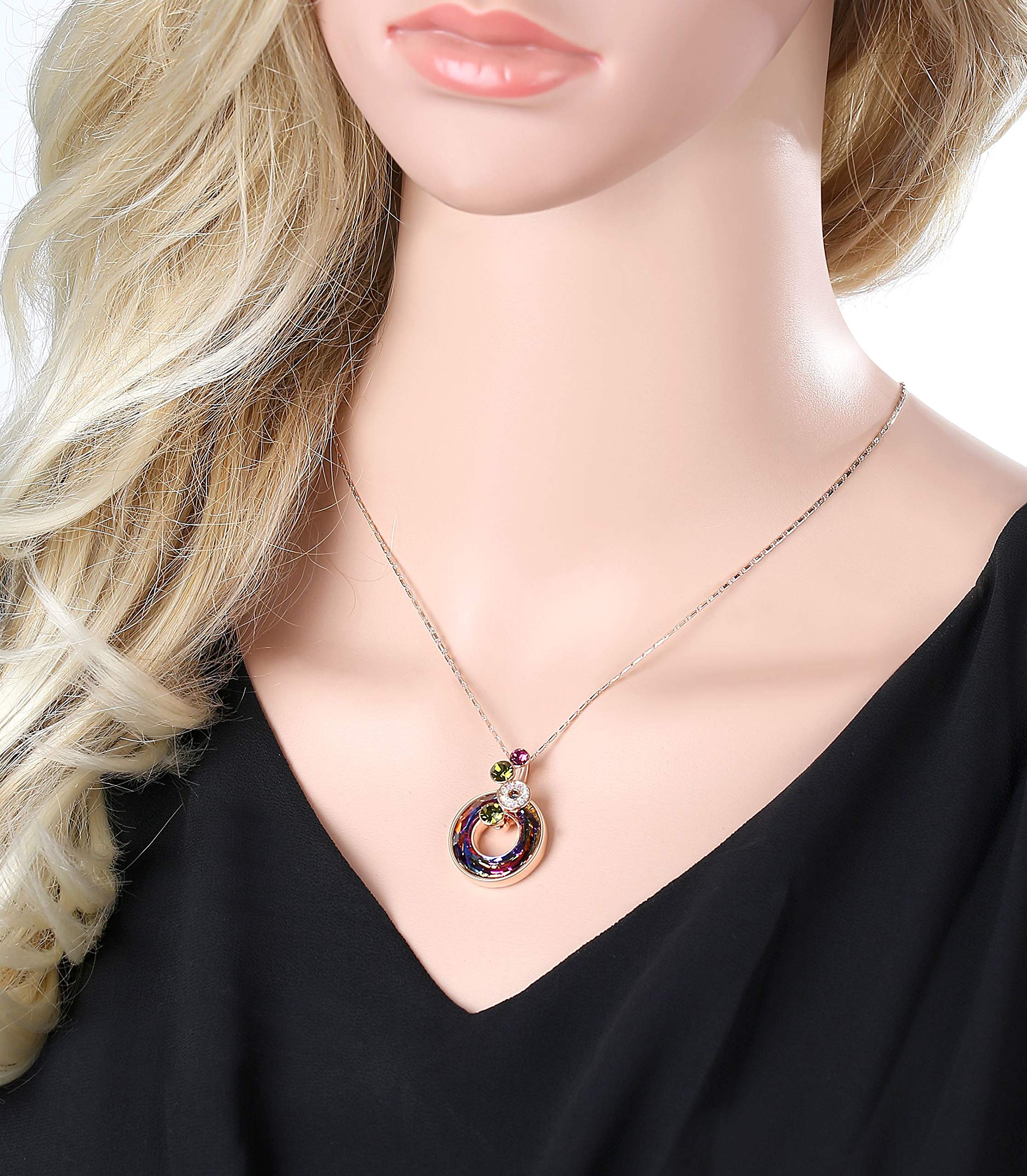 GEMMANCE Mother's Day Gifts Round Bubble Necklace Made with Austrian Crystals, Volcano Rainbow Stone, Rose Gold Plated, 18”+2”Chain